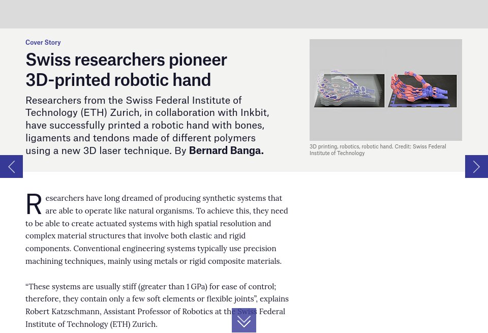Swiss researchers pioneer 3D-printed robotic hand - Medical Technology ...