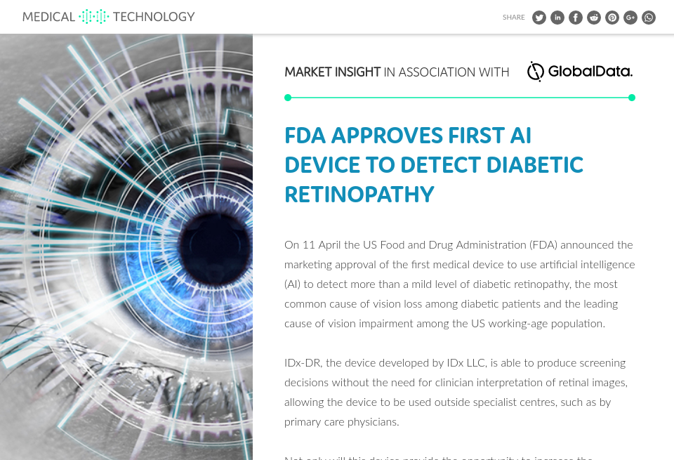 FDA approves first AI device to detect diabetic retinopathy - Medical Technology | Issue 7 | May ...