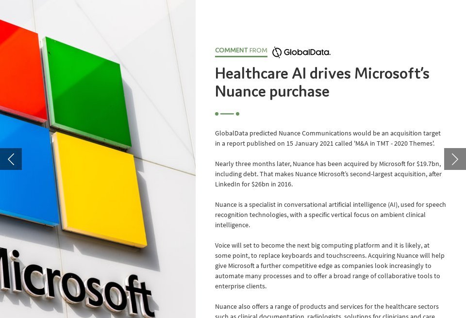 Healthcare AI drives Microsoft’s Nuance purchase - Medical Technology ...