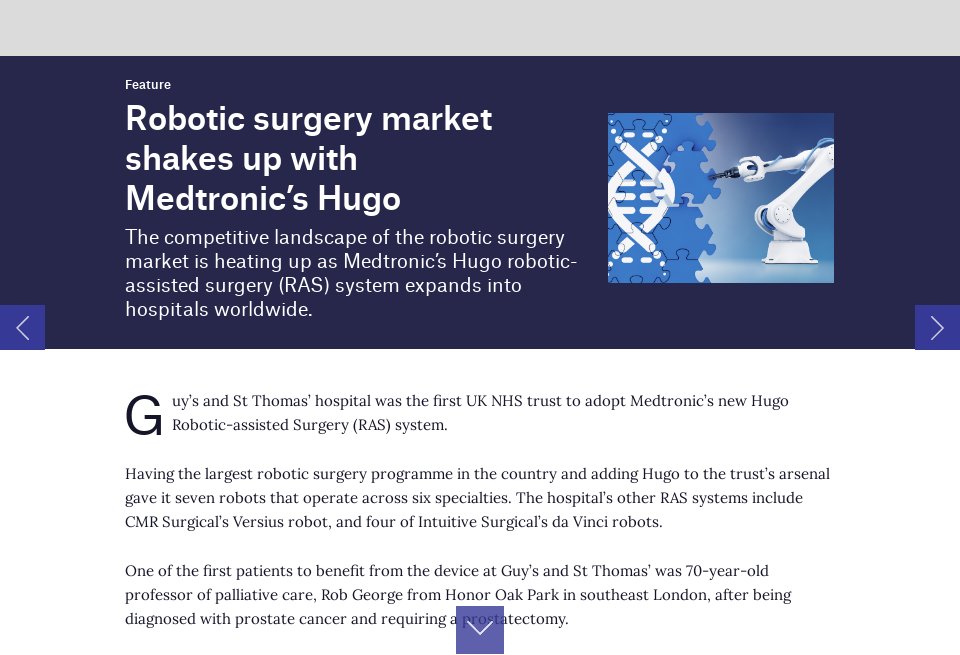 Robotic surgery market shakes up with Medtronic’s Hugo - Medical ...